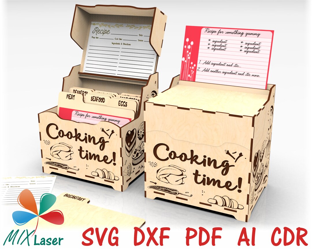Recipe Box With Dividers and 4x6 Recipe Cards, Glowforge SVG Laser ...