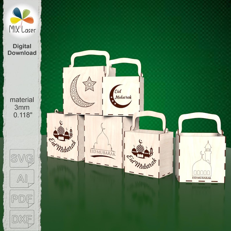 SVG Laser Patterns Eid Mubarak Gift Boxes - Ramadan Kareem Decoration ...