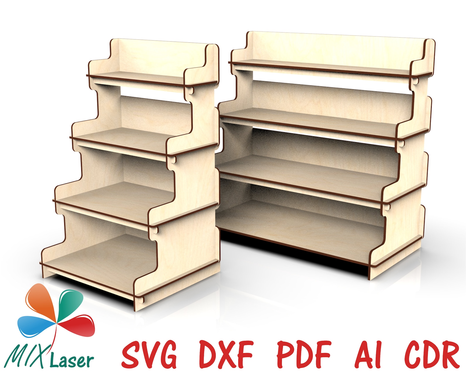Two 4 Tier Mobile Display Shelf Stands, SVG Laser Cutting Display Stand ...