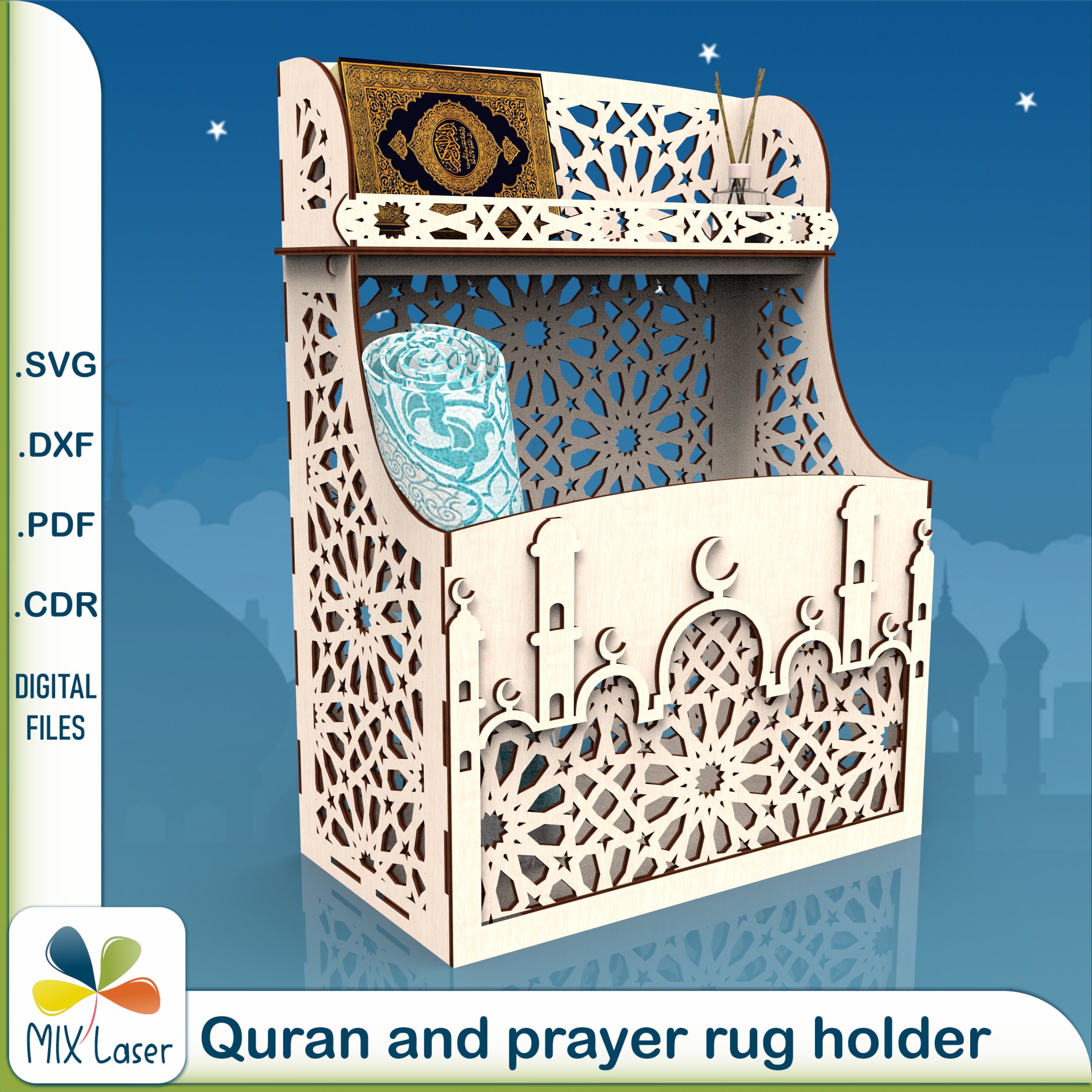 Islamic Prayer Organizer SVG – Laser Cut Quran Stand & Mat Storage ...