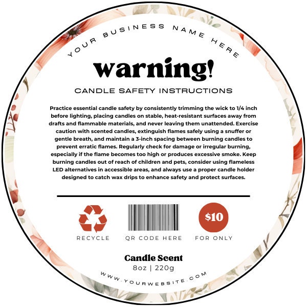 Candle Warning Label Template, Safety Instructions Stickers Template ...