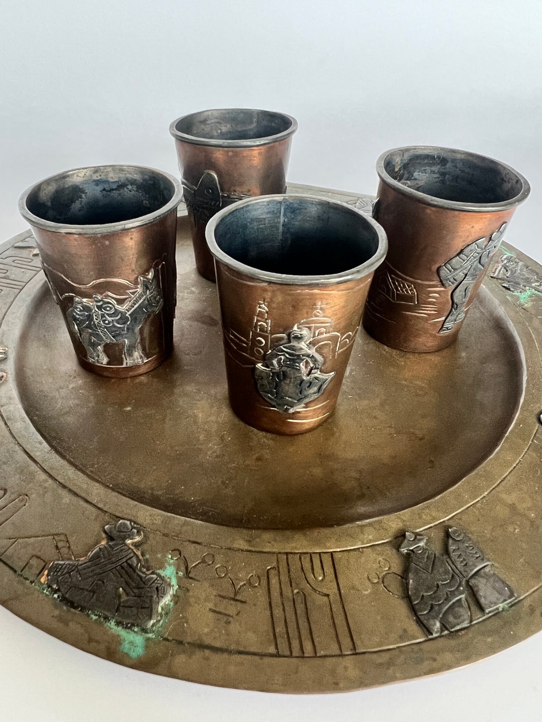 Vtg 1950s Victoria Taxco Mexico Copper/silver Shot Glass & Tray Set - Etsy