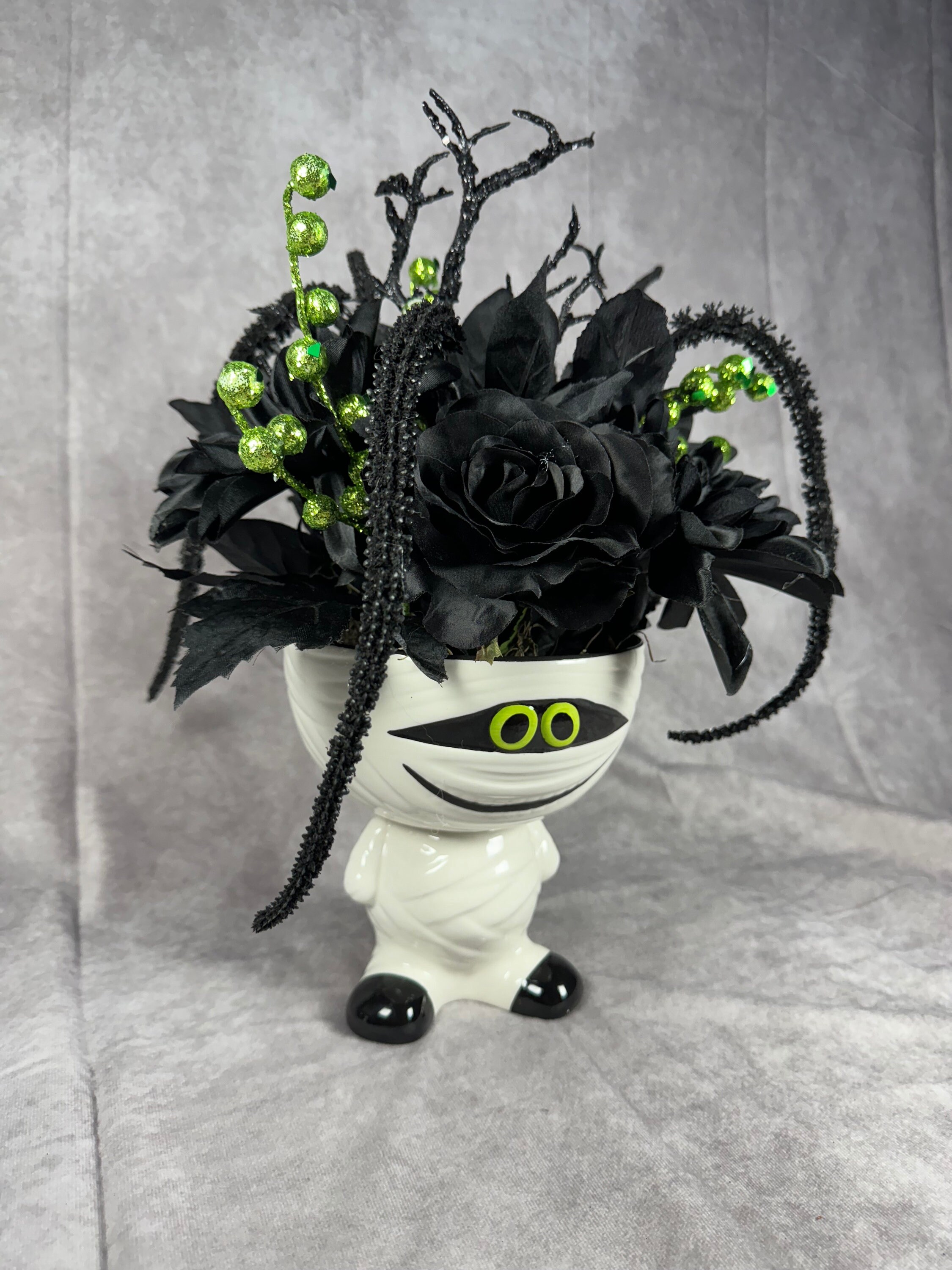 Halloween Mummy Black and Gray Floral Flowers, Lime Green Pick, Faux ...