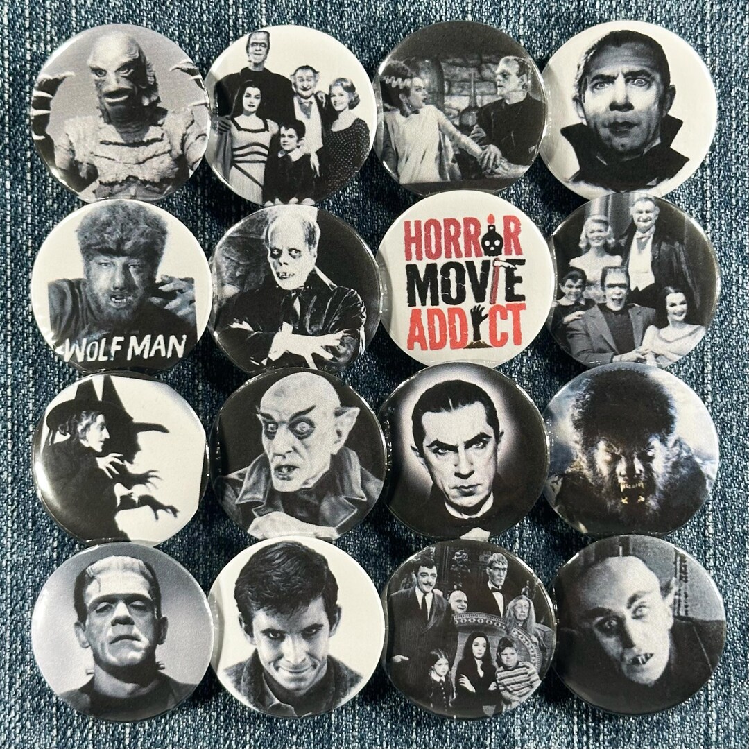 Horror Movie Halloween Pinback Buttons Set of 16 Pins, Monster Spooky ...