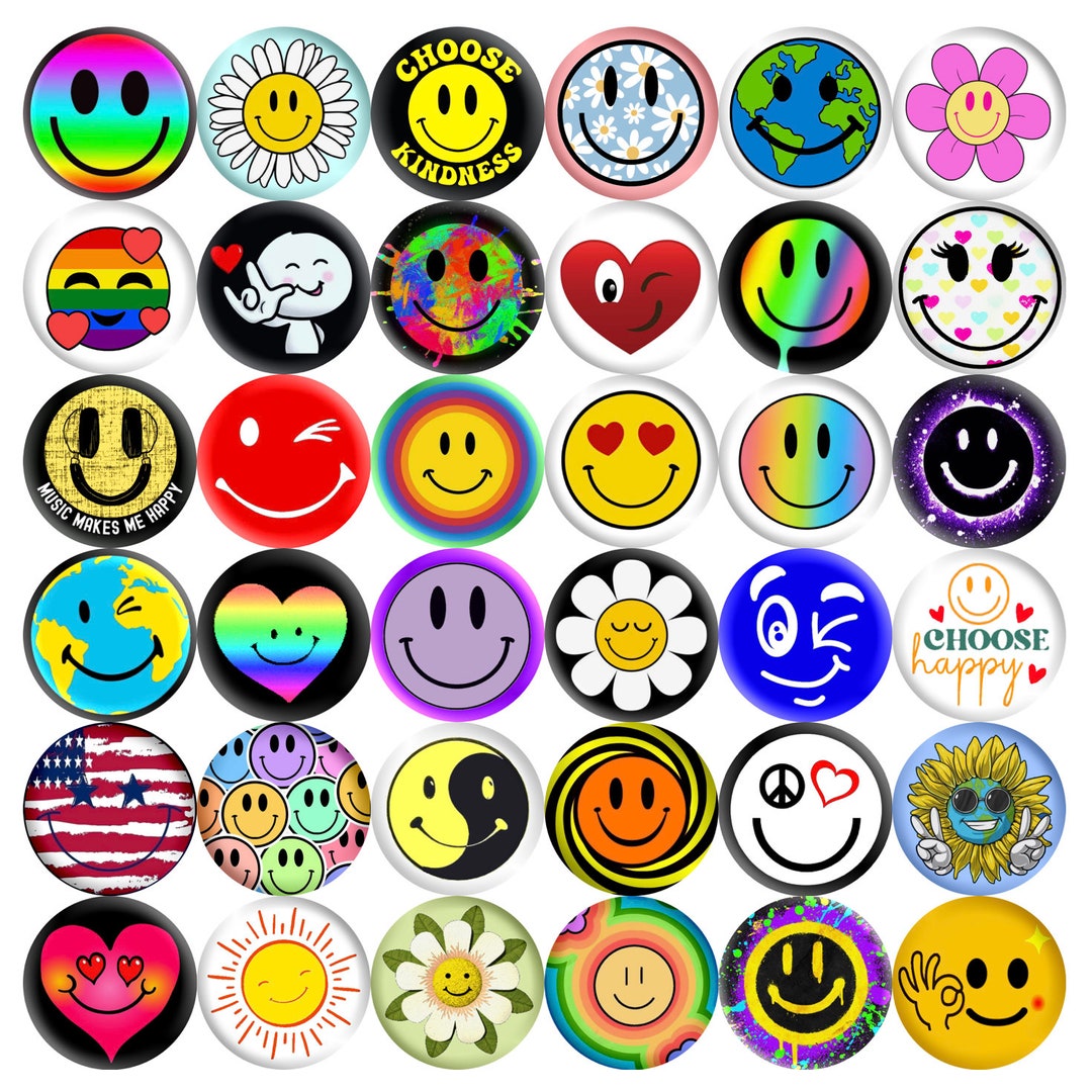 HAPPY FACE Smiley Face Buttons Artistic Colorful Cute Cheerful Joyful ...