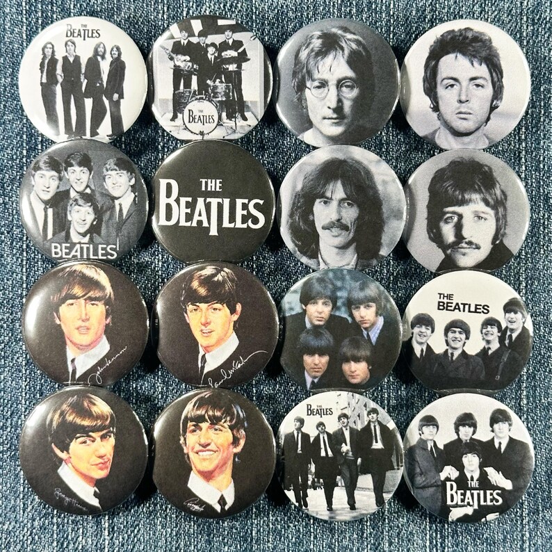 THE BEATLES 60s 70s Music Pinback Buttons Set of 16 Pins Classic Pop ...