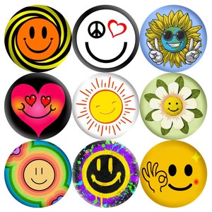 HAPPY FACE Smiley Face Buttons Artistic Colorful Cute Cheerful Joyful ...