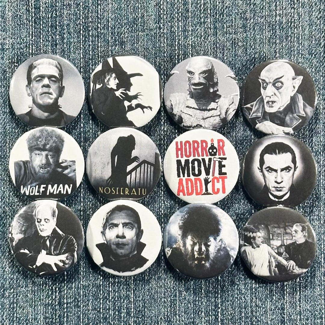 Horror Movie Halloween Pinback Buttons Lot of 12 Pins, Monster Spooky ...