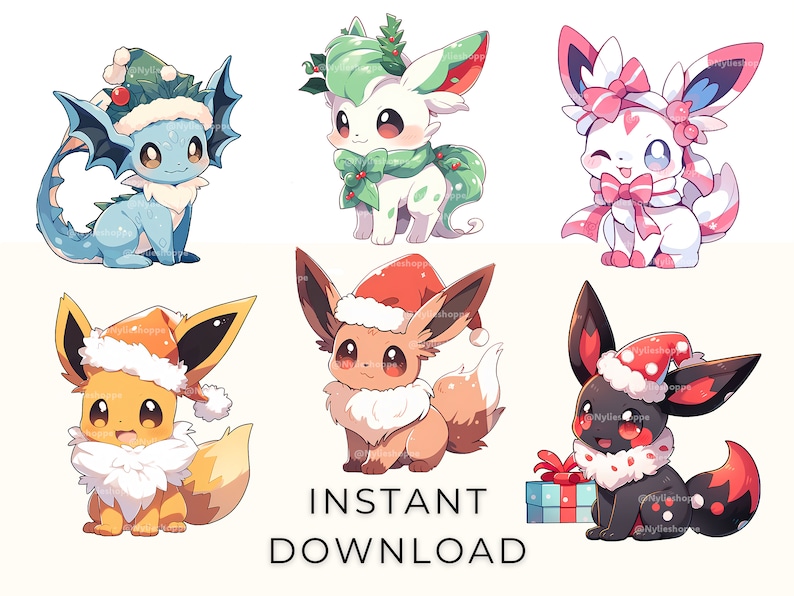 Christmas Eevee Evolution PNG Bundle, Pokemons Clipart, Pokemon Print ...