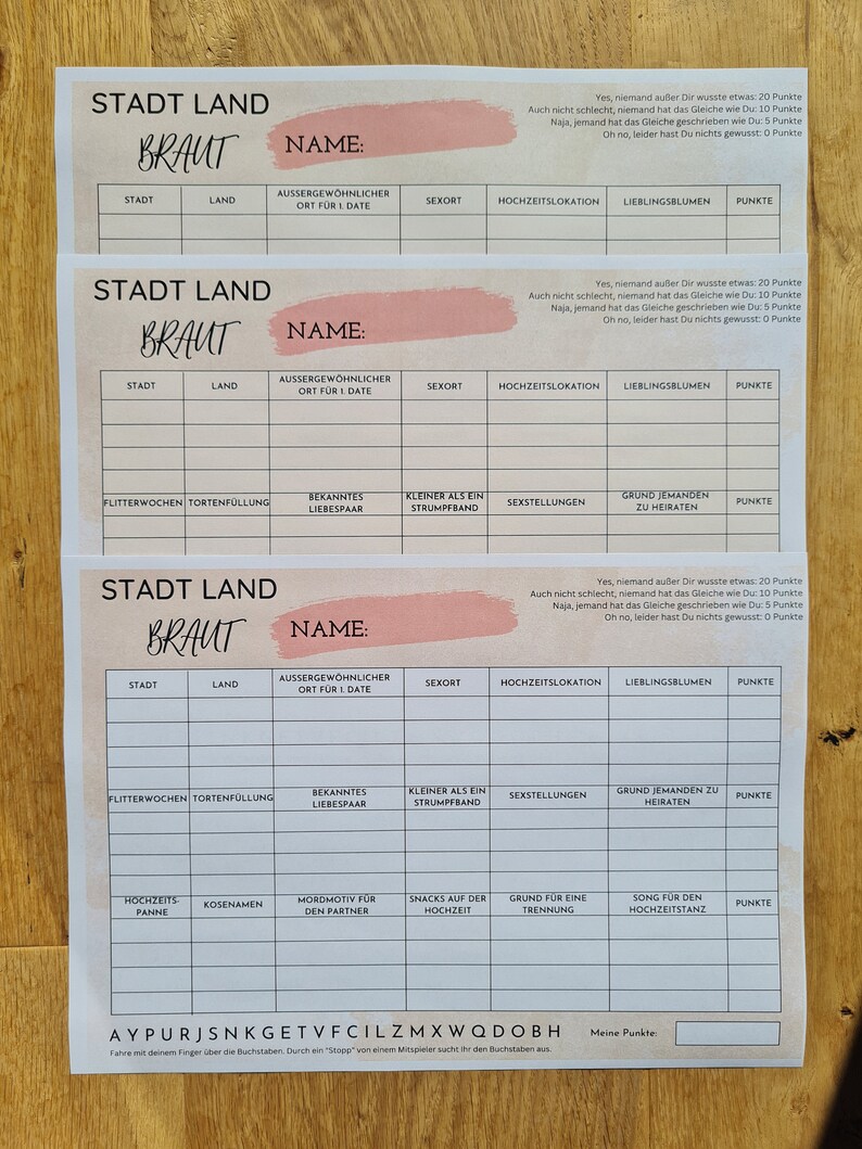 JGA Spiel - Stadt Land Braut . ausdruckbar . PDF-Datei . Sofort ...