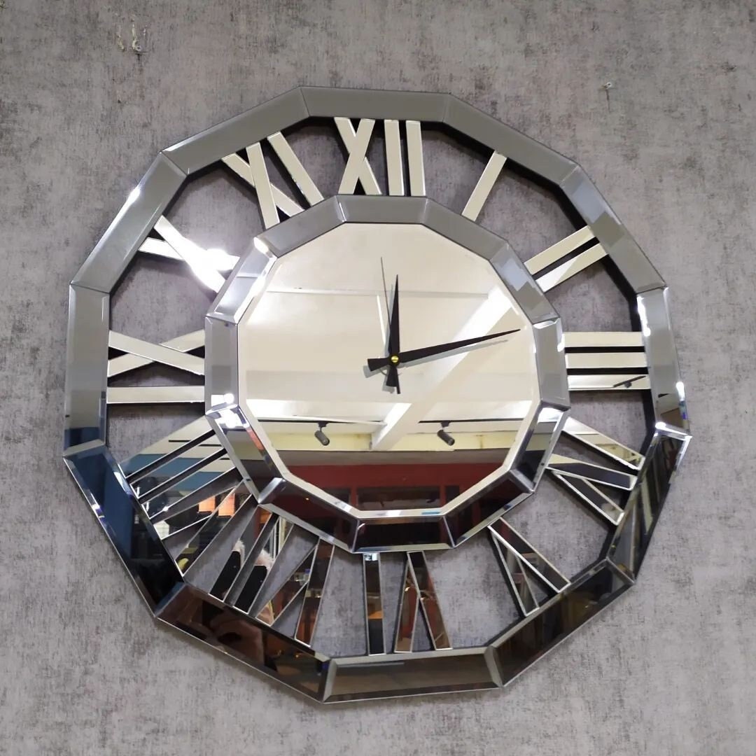 Silver Circle Mirror Wall Clock, Mirror Wall Clock, Wall Art With Clock ...