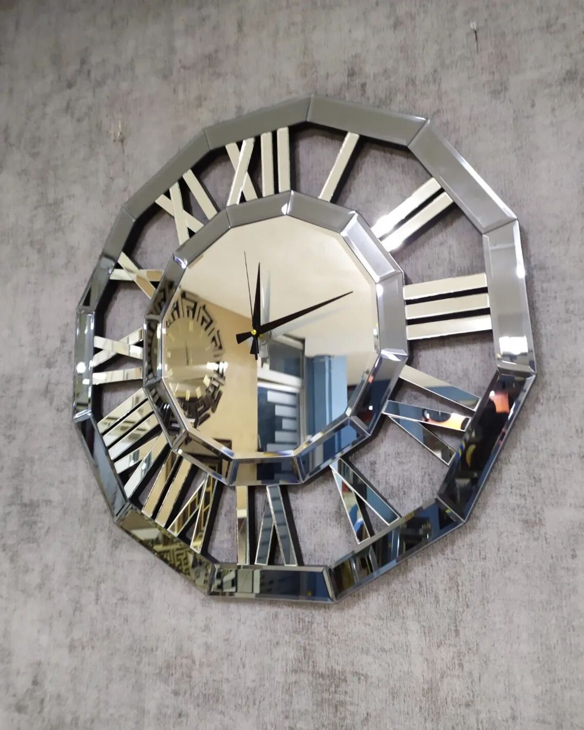 Silver Circle Mirror Wall Clock, Mirror Wall Clock, Wall Art With Clock ...