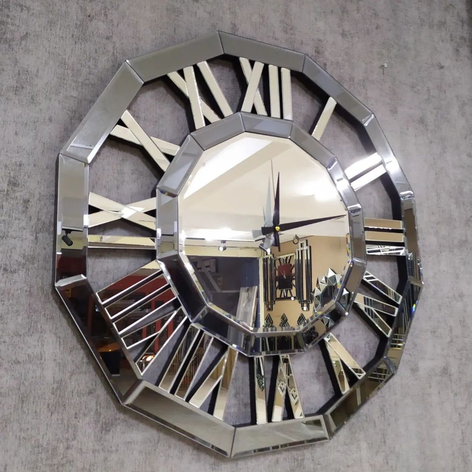 Silver Circle Mirror Wall Clock, Mirror Wall Clock, Wall Art With Clock ...