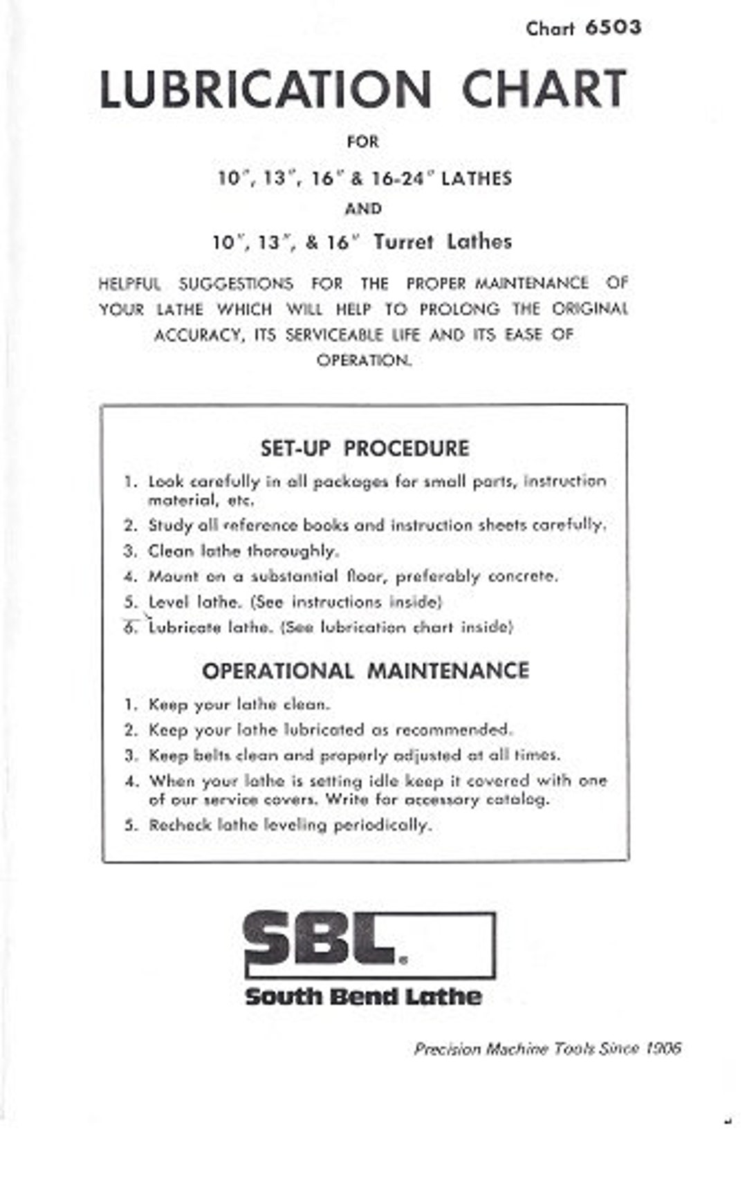 6503 1967 Lubrication Chart Lathe Manual South Bend No. 6503 10, 13, 16 ...