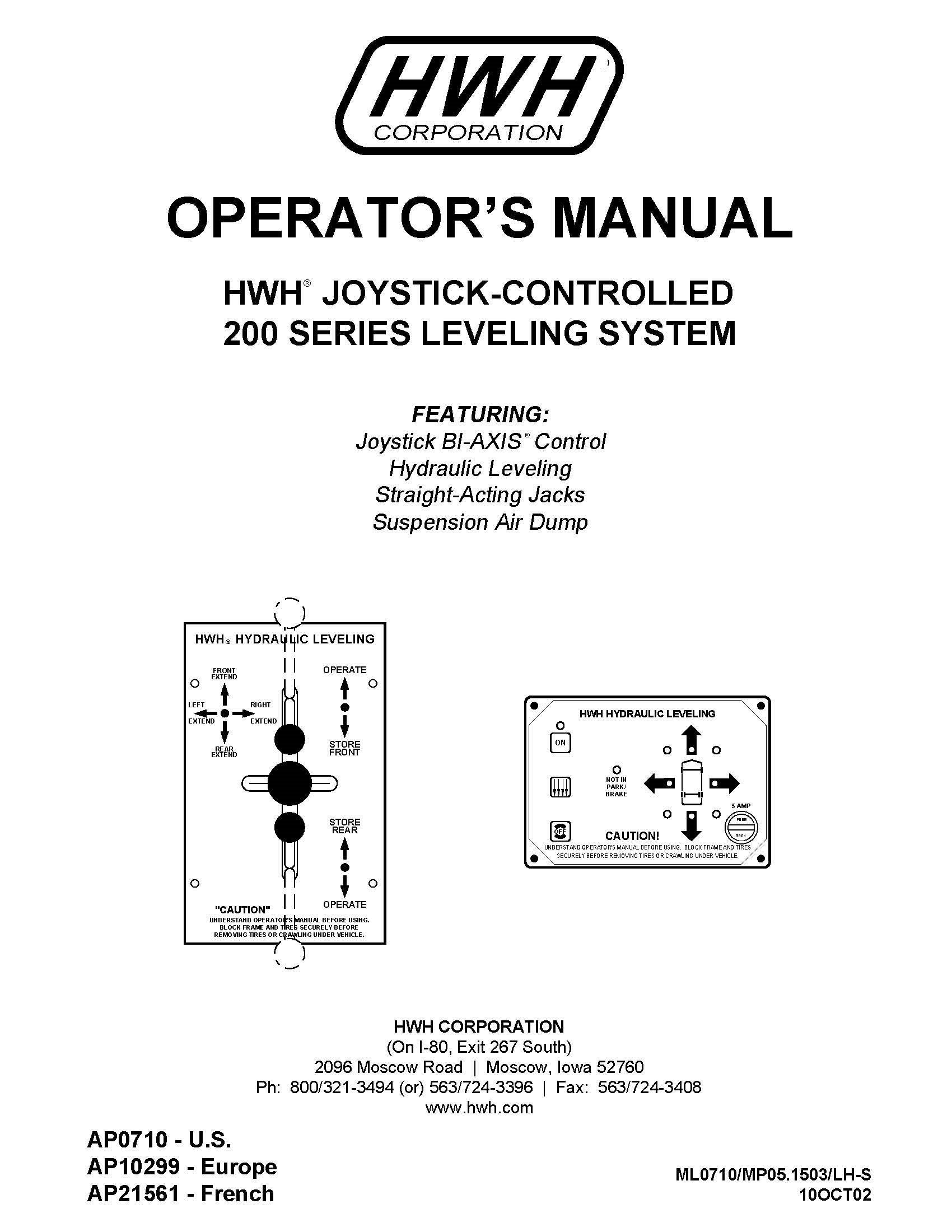 Hydraulic Leveling System Operator Manual JOYSTICK-CONTROLLED 200 210 ...