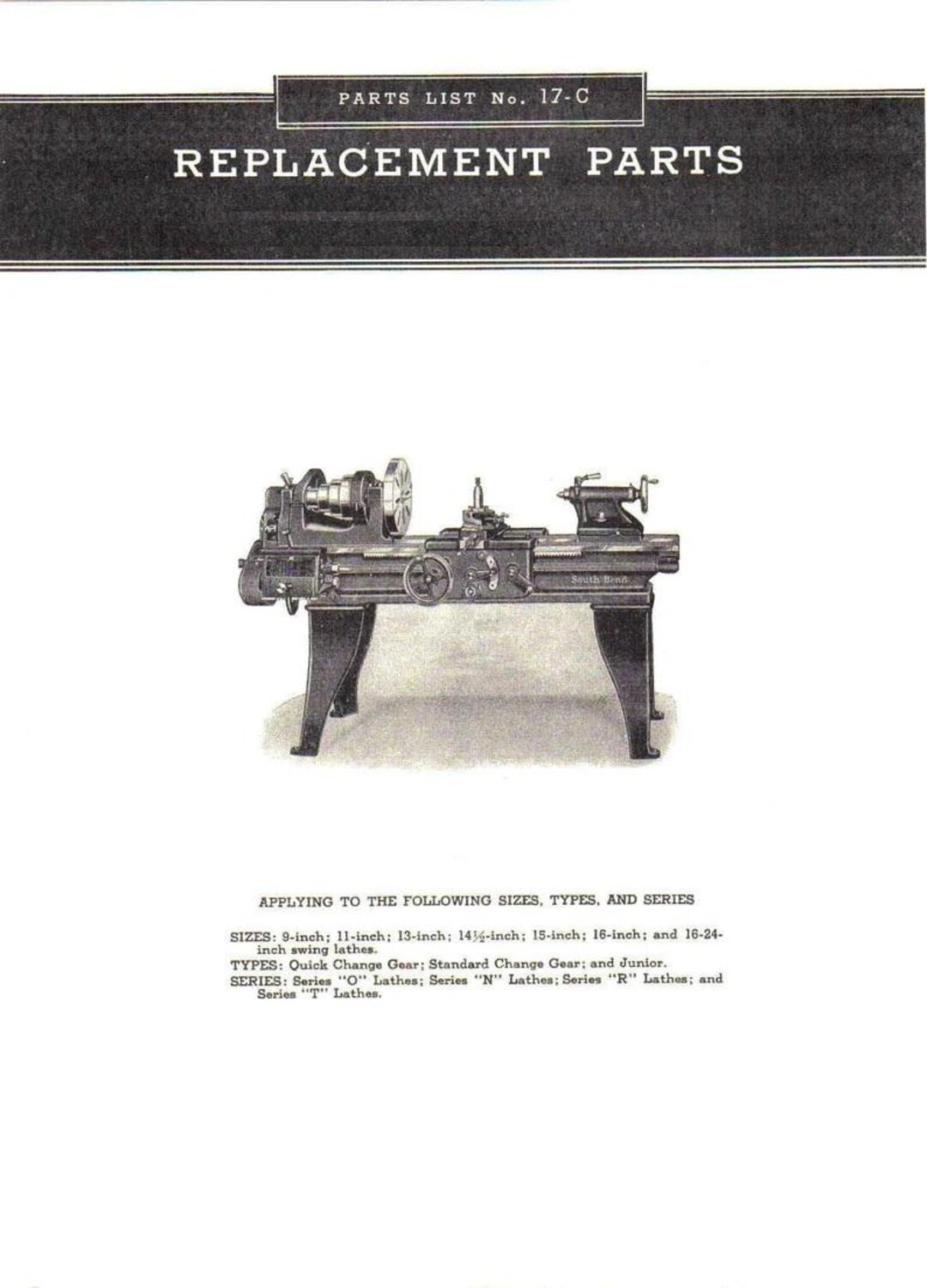 17 1937 Replacement Parts List Manual Lathe No. 17-C SB19 - Etsy
