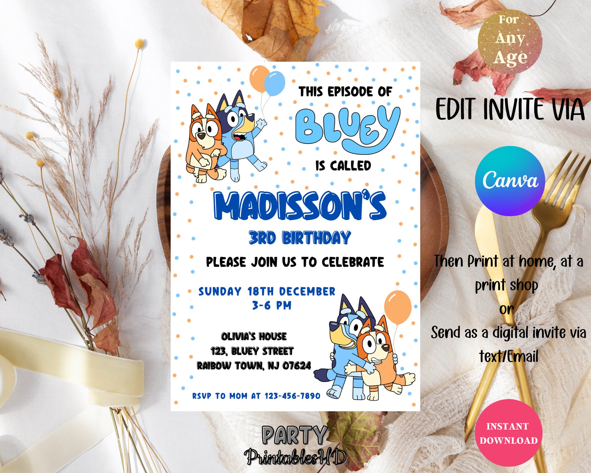 Invitación de cumpleaños de Bluey Canva Plantilla editable - Etsy México