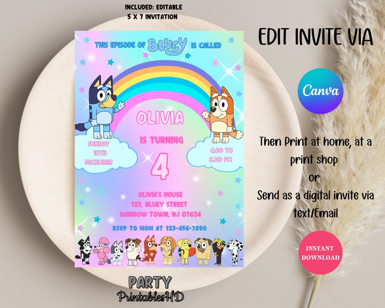 Bluey Birthday Invitation Canva Editable Template, Bluey Kids Invite a ...