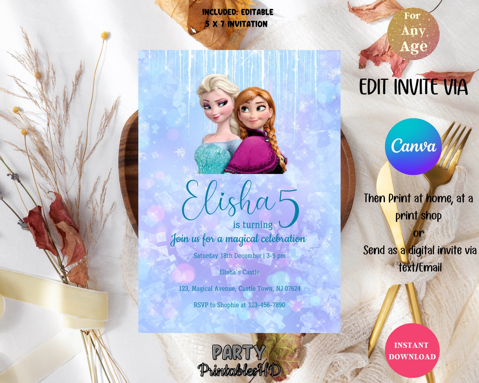 Editable Frozen Birthday Invitation Template Princess Elsa Etsy