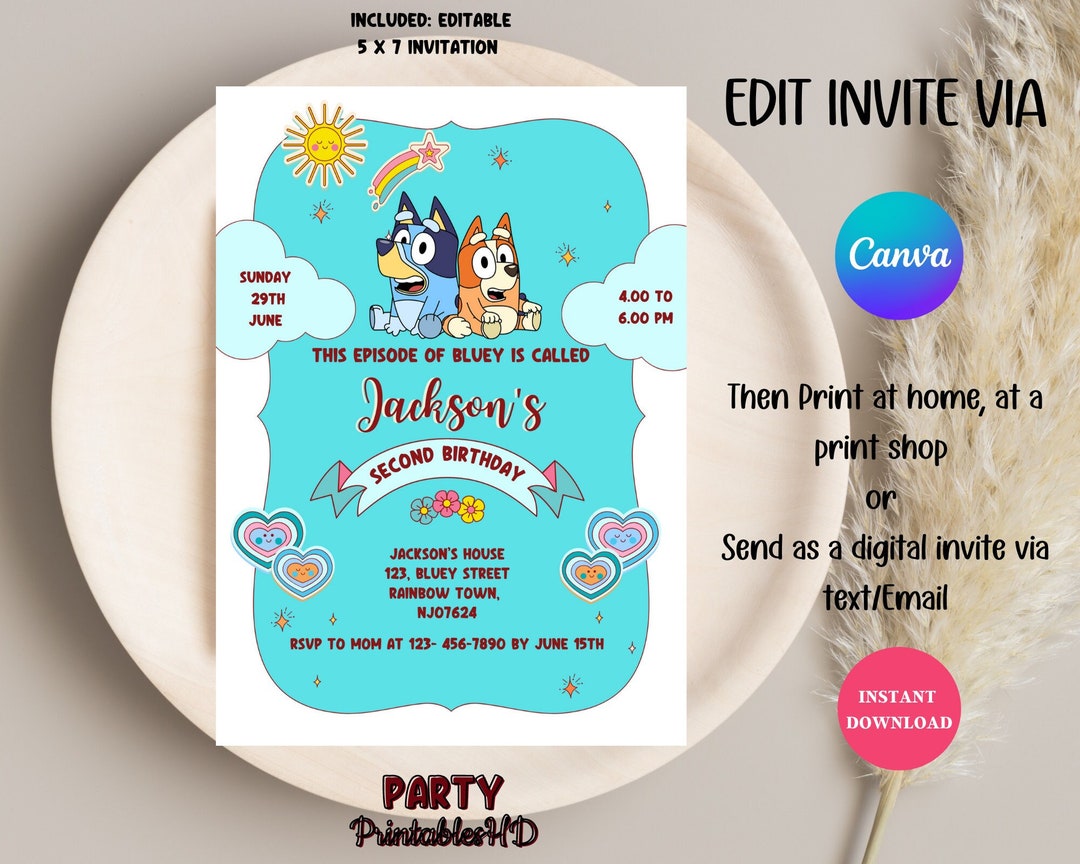 Bluey Birthday Invitation Canva Editable Template, Bluey Kids Invite ...