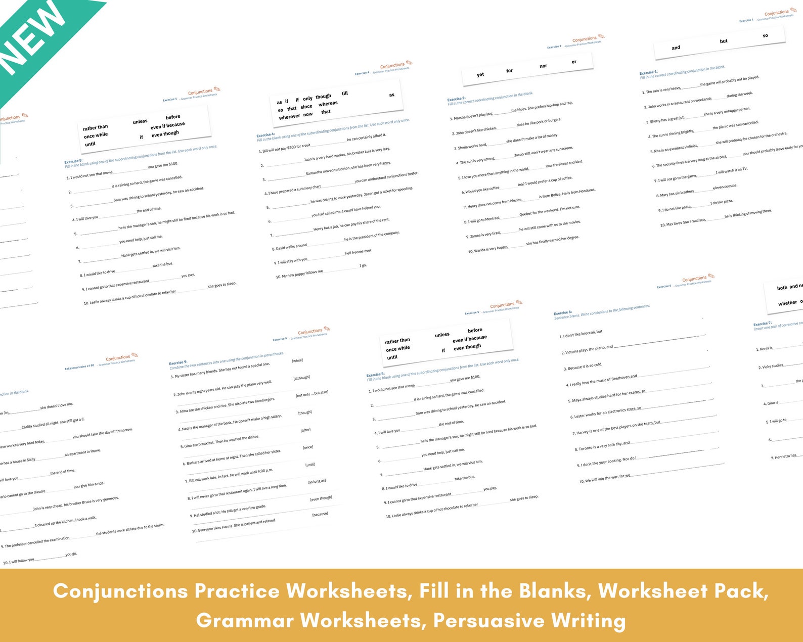 Conjunctions Practice Worksheets, Fill in the Blanks, Worksheet Pack ...