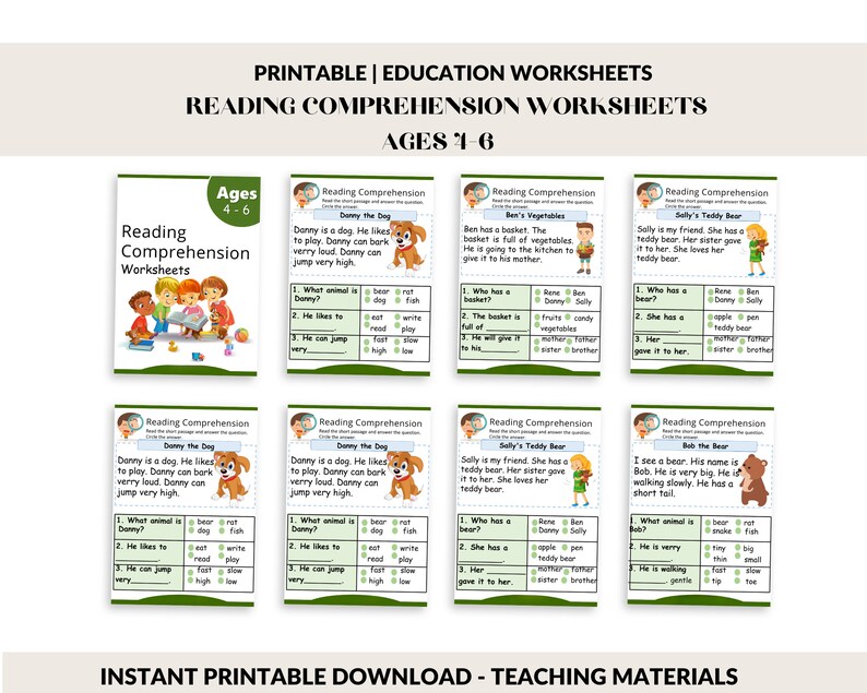 Reading Comprehension Worksheets for Ages 4-6, Early Literacy Skills ...