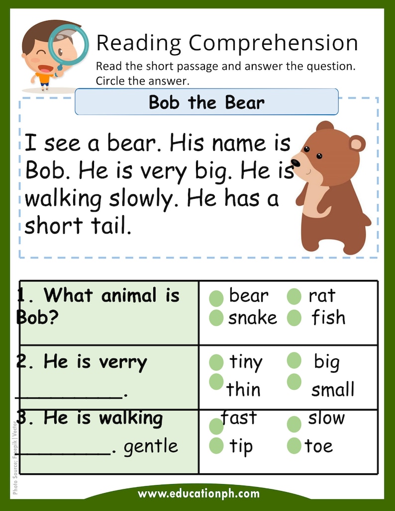 Reading Comprehension Worksheets for Ages 4-6 - Etsy