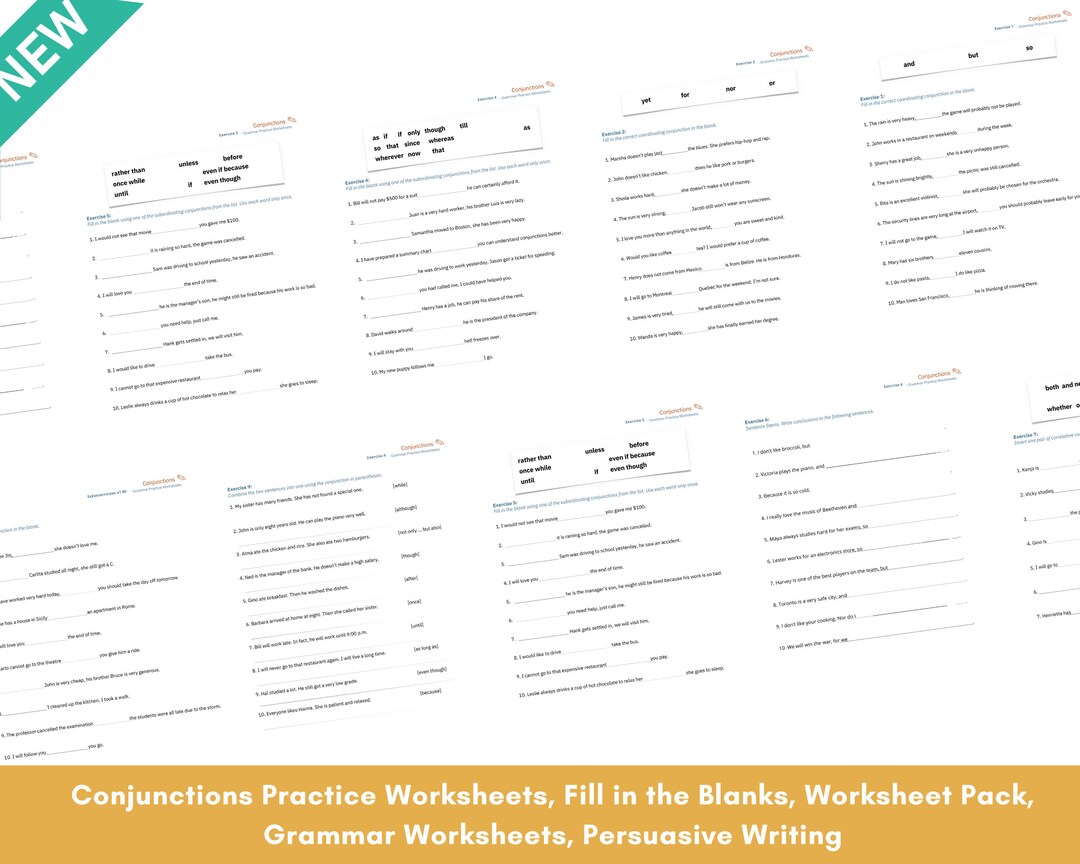 Conjunctions Practice Worksheets, Fill in the Blanks, Worksheet Pack ...