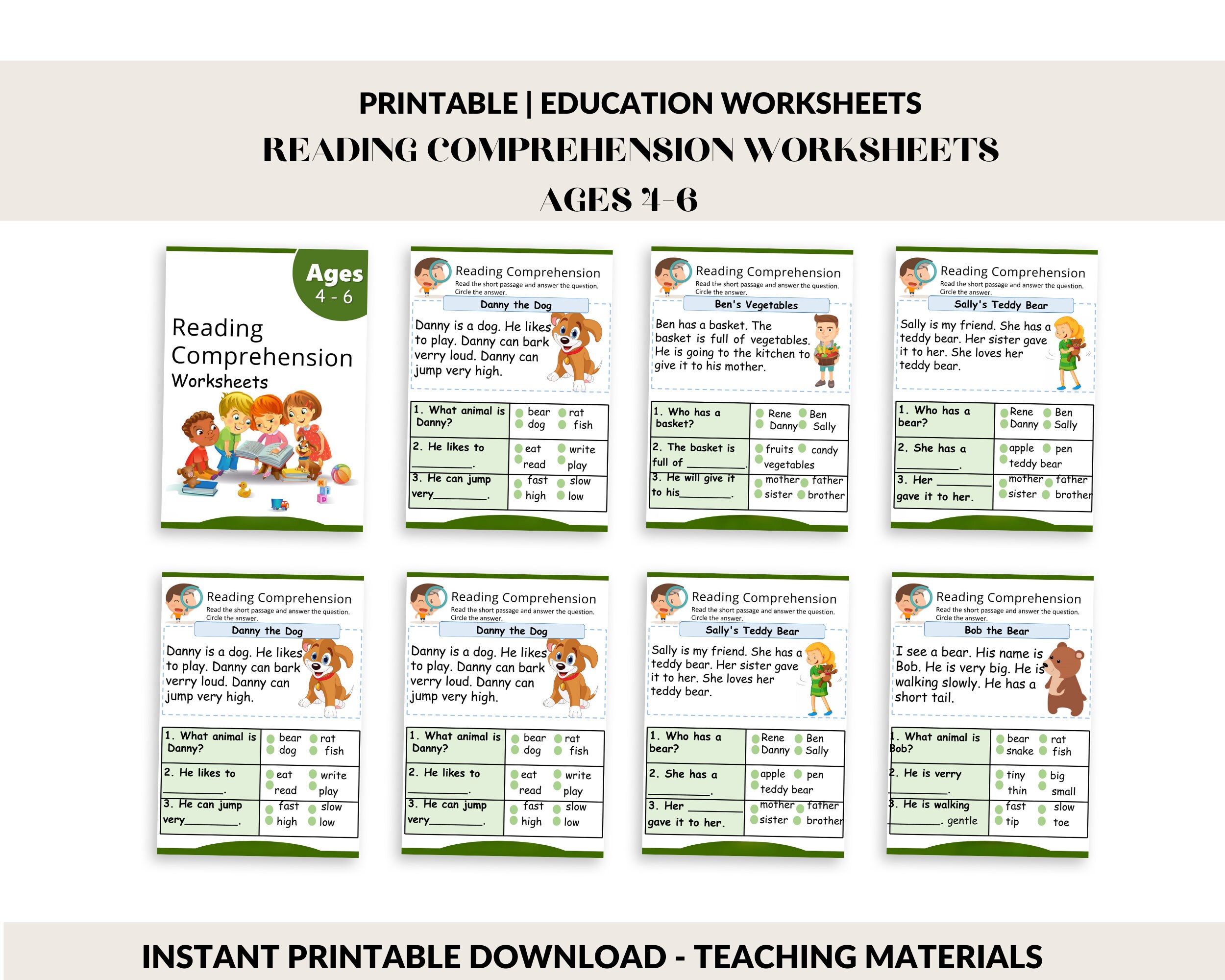Reading Comprehension Worksheets for Ages 4-6, Early Literacy Skills ...