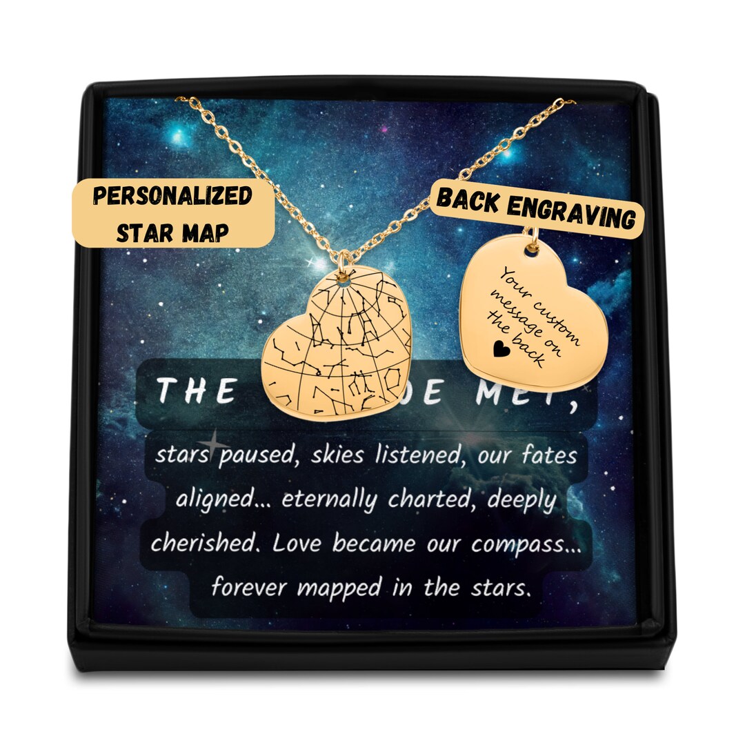 Custom Star Map Heart Necklace Engraved Personalized Night Sky Necklace ...