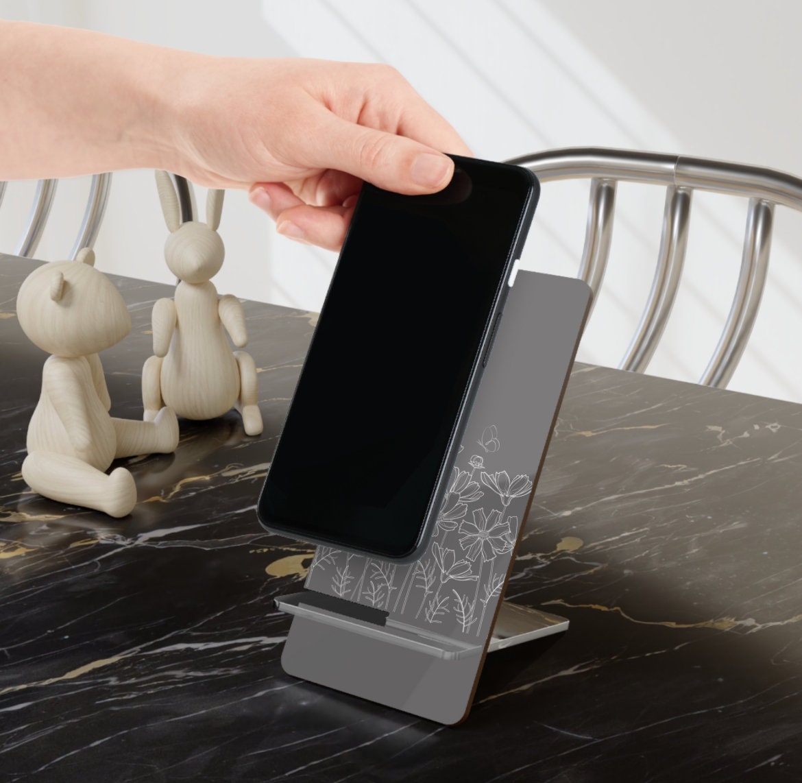Grey With White Flowers Mobile Display Stand for Smartphones. Home ...