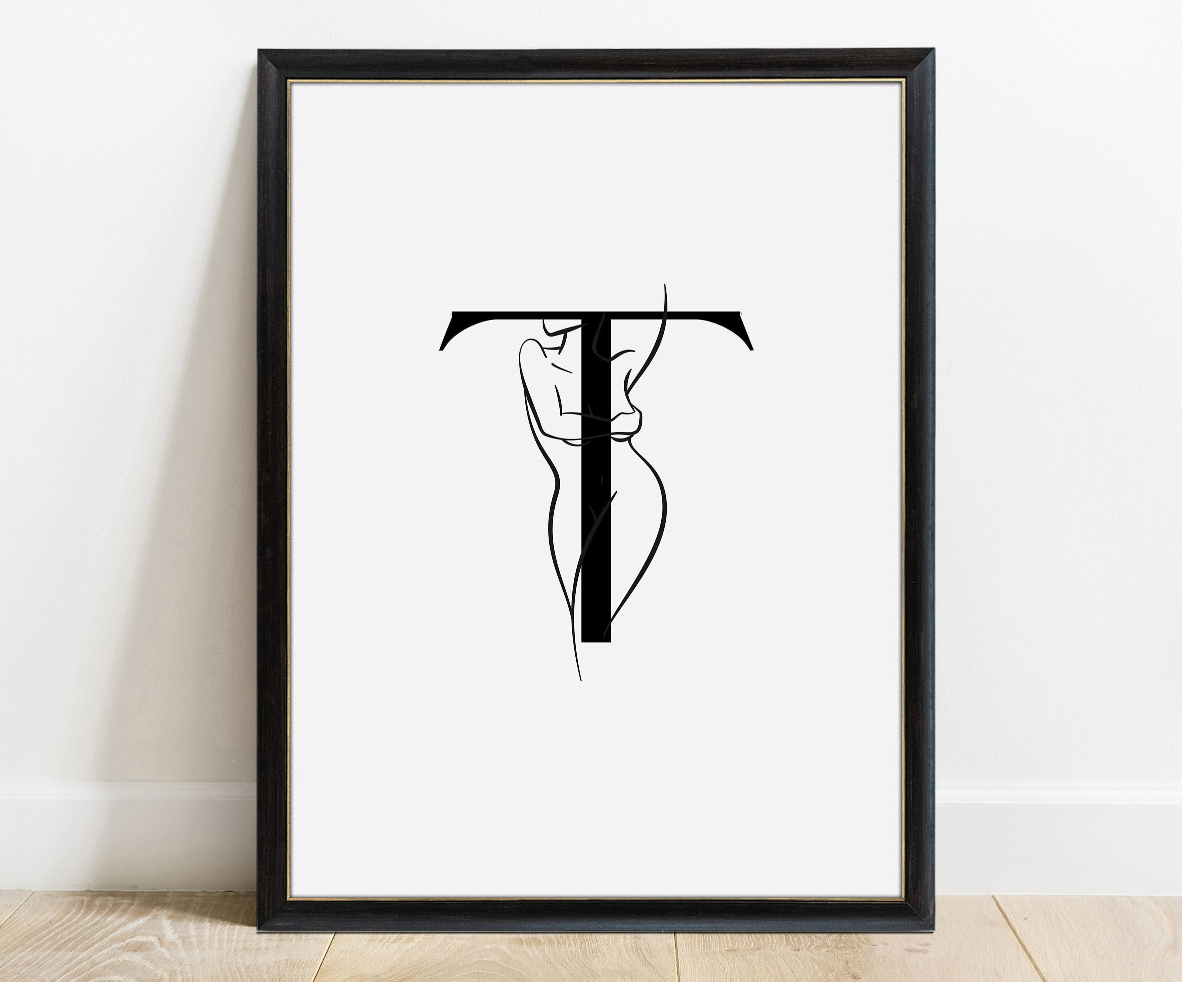 Letter t Wall Art, Line Body Drawing, Body Positive Art, First Name or ...