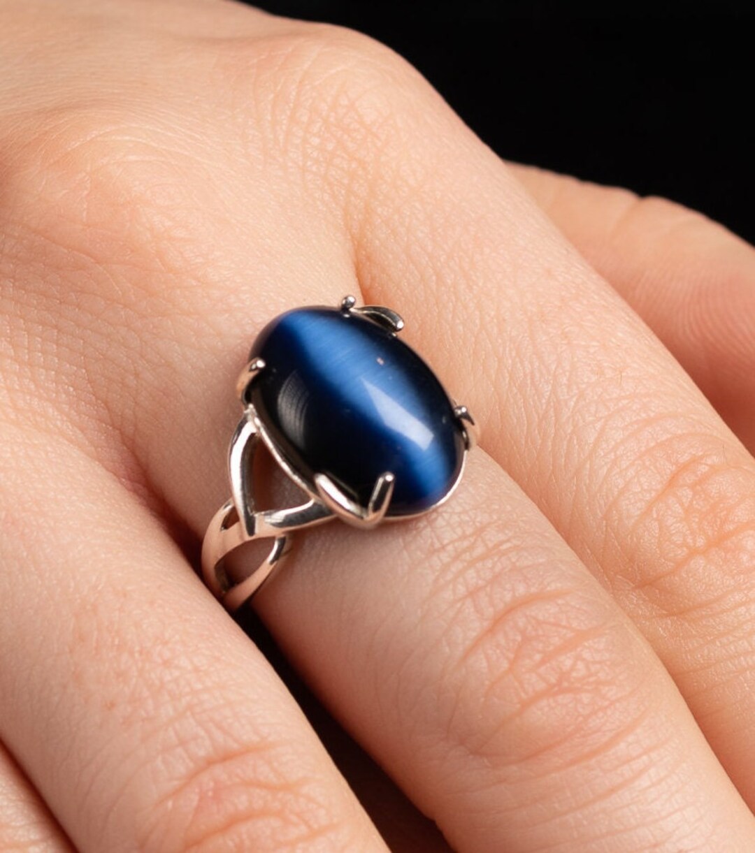 925 Sterling Silver 5.4 Gram Oval Dark Blue Cat Eye Ring/ Big Gemstone ...