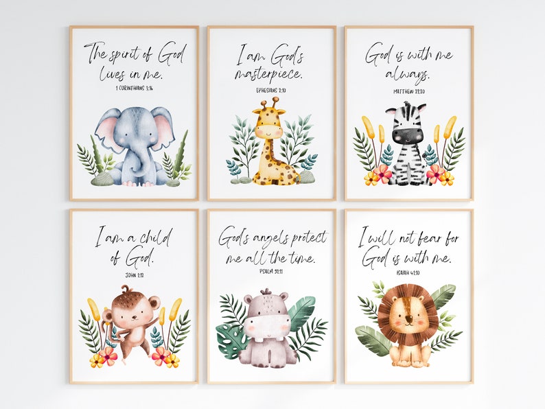 Nursery Bible Verse Wall Art, Safari Animals Wall Art, Nursery Animal ...