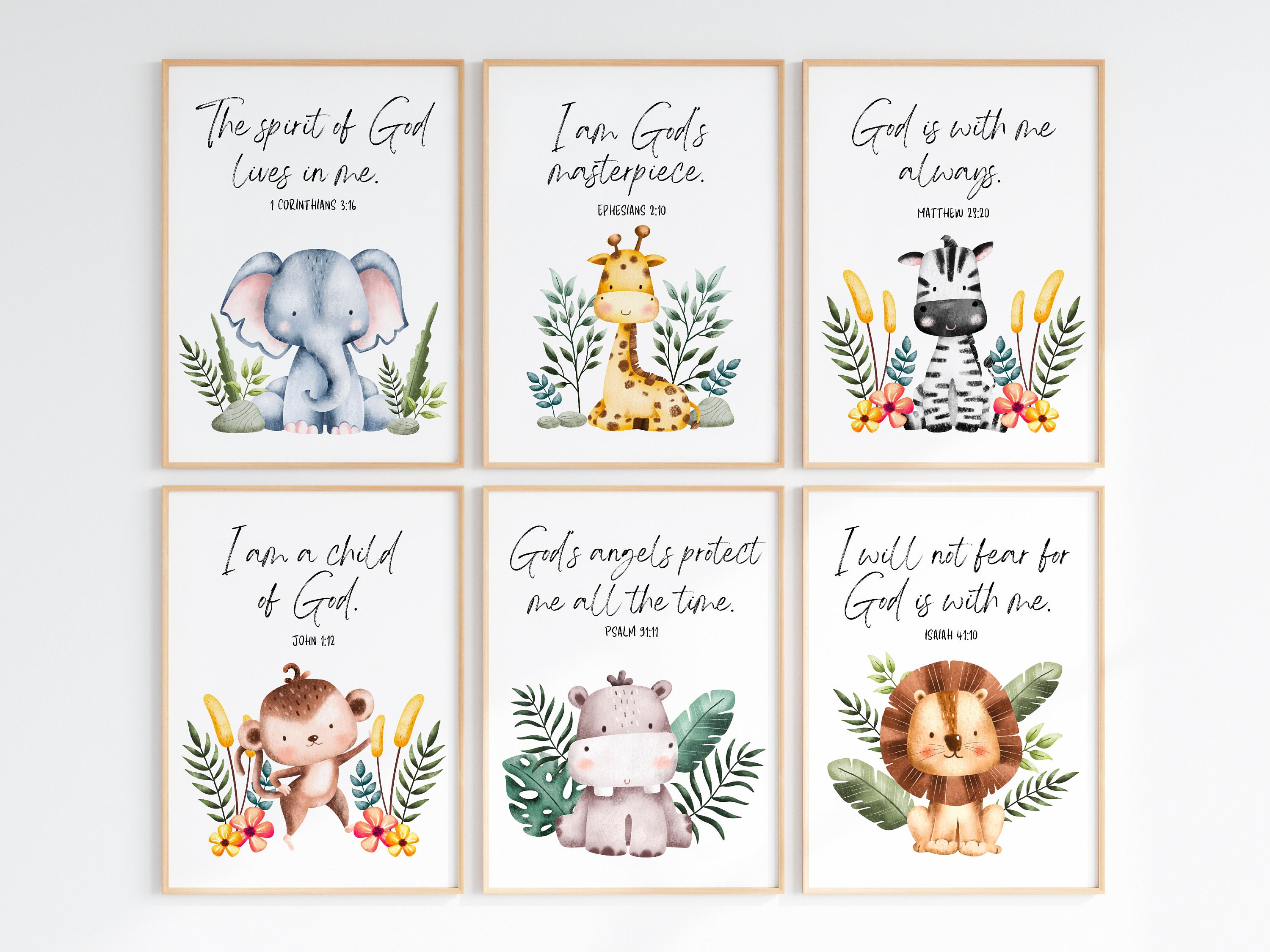 Nursery Bible Verse Wall Art, Safari Animals Wall Art, Nursery Animal ...