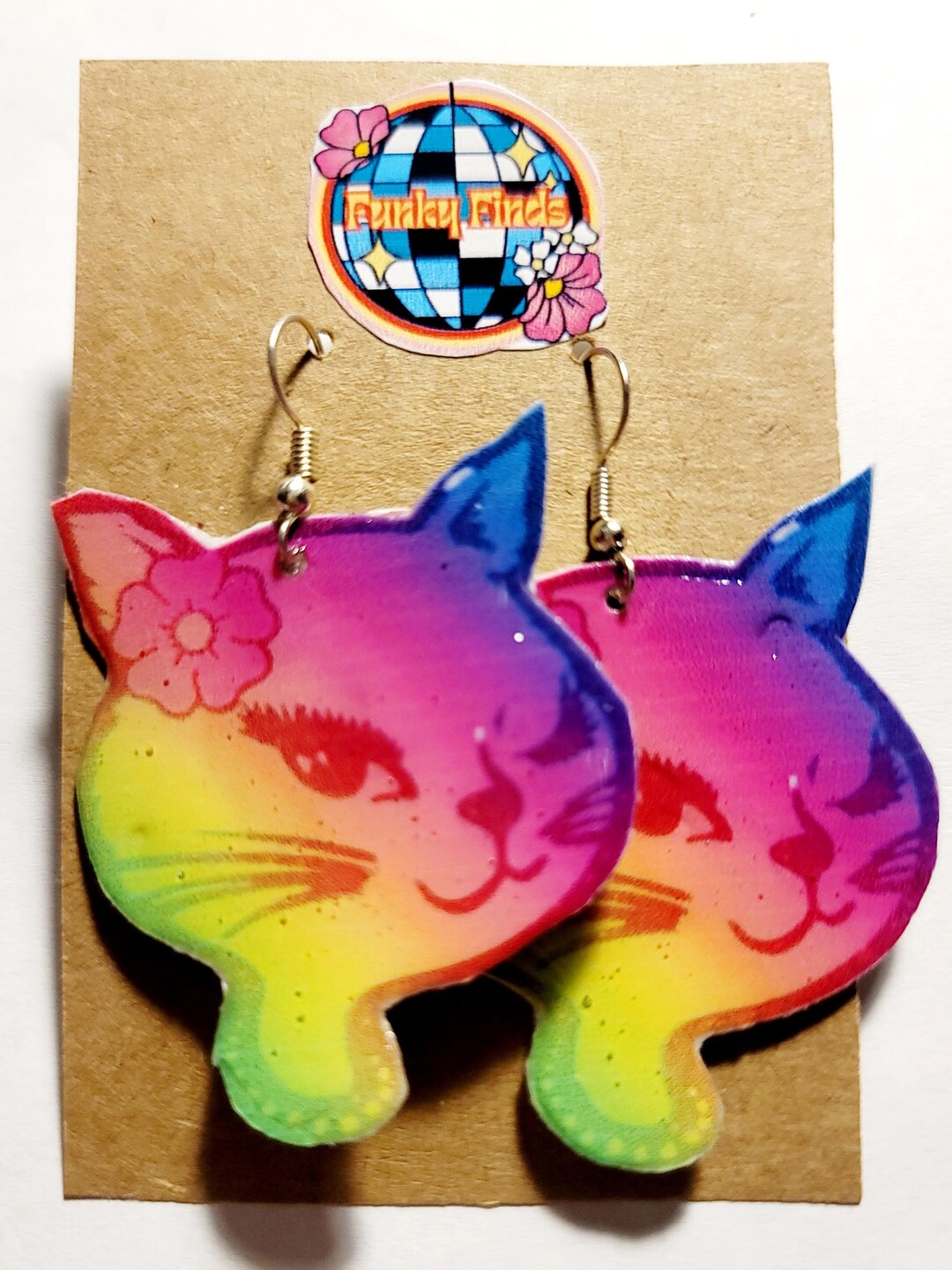 Winking Kitty Cat Punk Rockabilly 90s Y2k Earrings Rainbow - Etsy