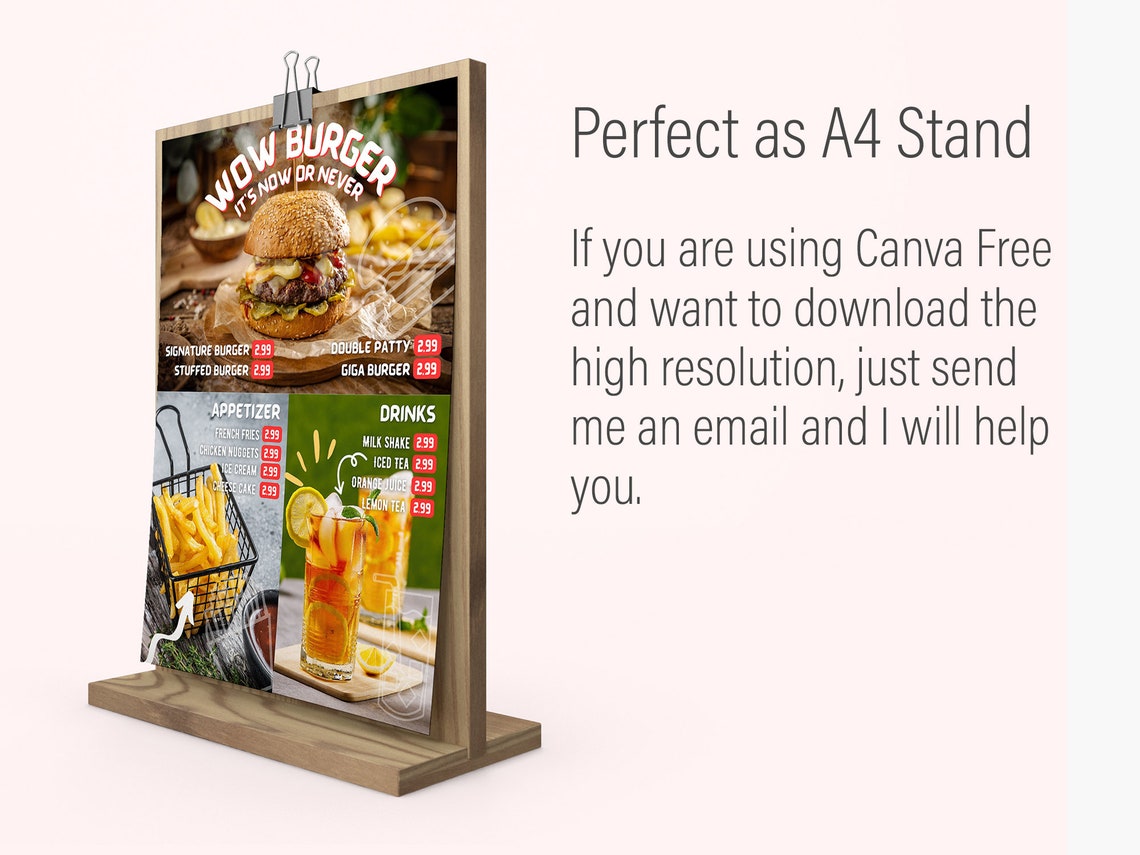 Restaurant Menu Editable Simple A4 Stand, Canva Template, Burger Menu ...