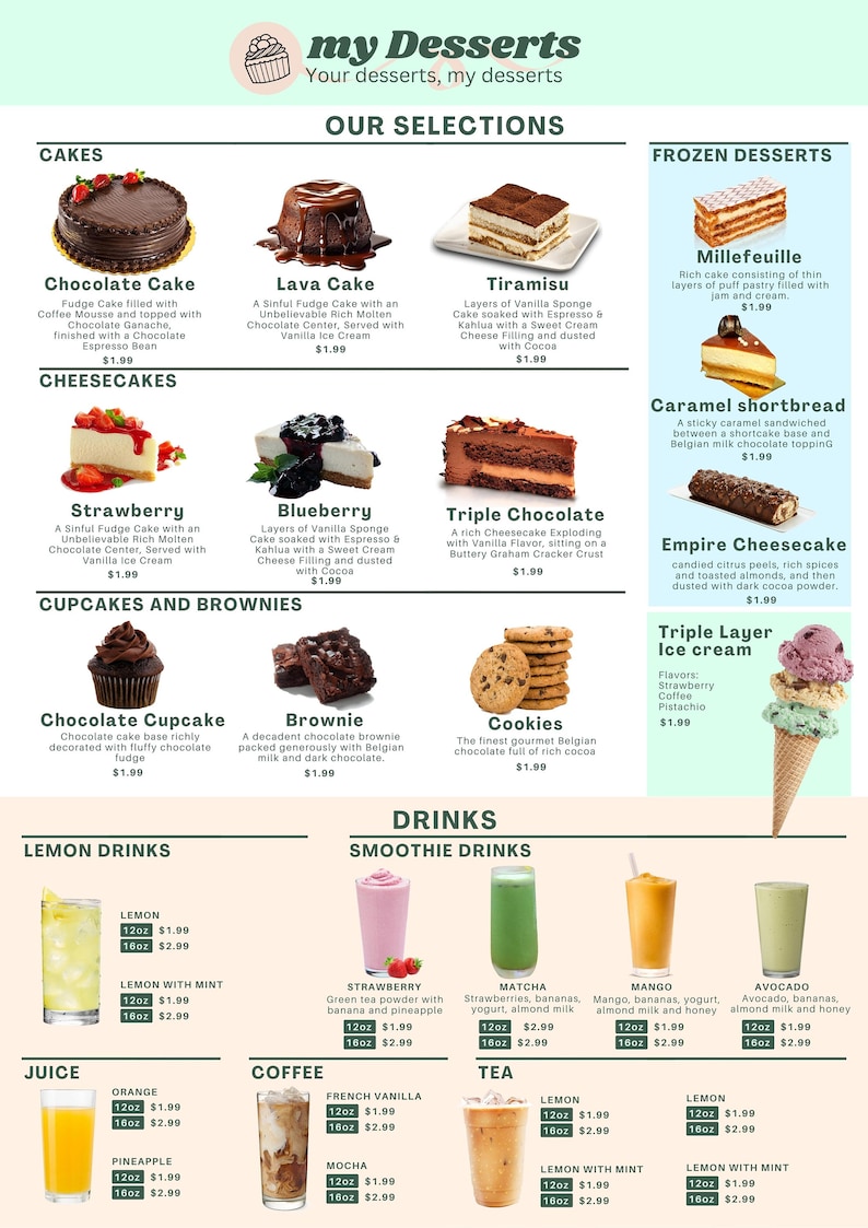 Dessert Menu Template Canva, the Dessert Sign, A4, A5, A3, A0 Portrait ...