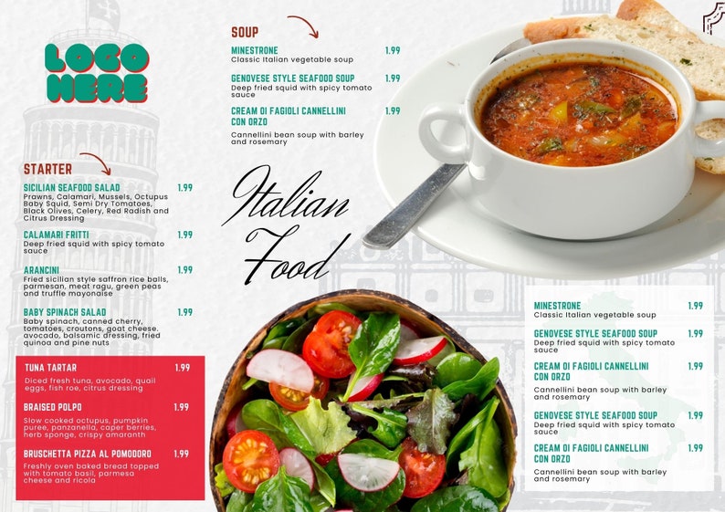 Italian Food Menu Editable Canva for Restaurant Italy Pizza, Pasta and ...