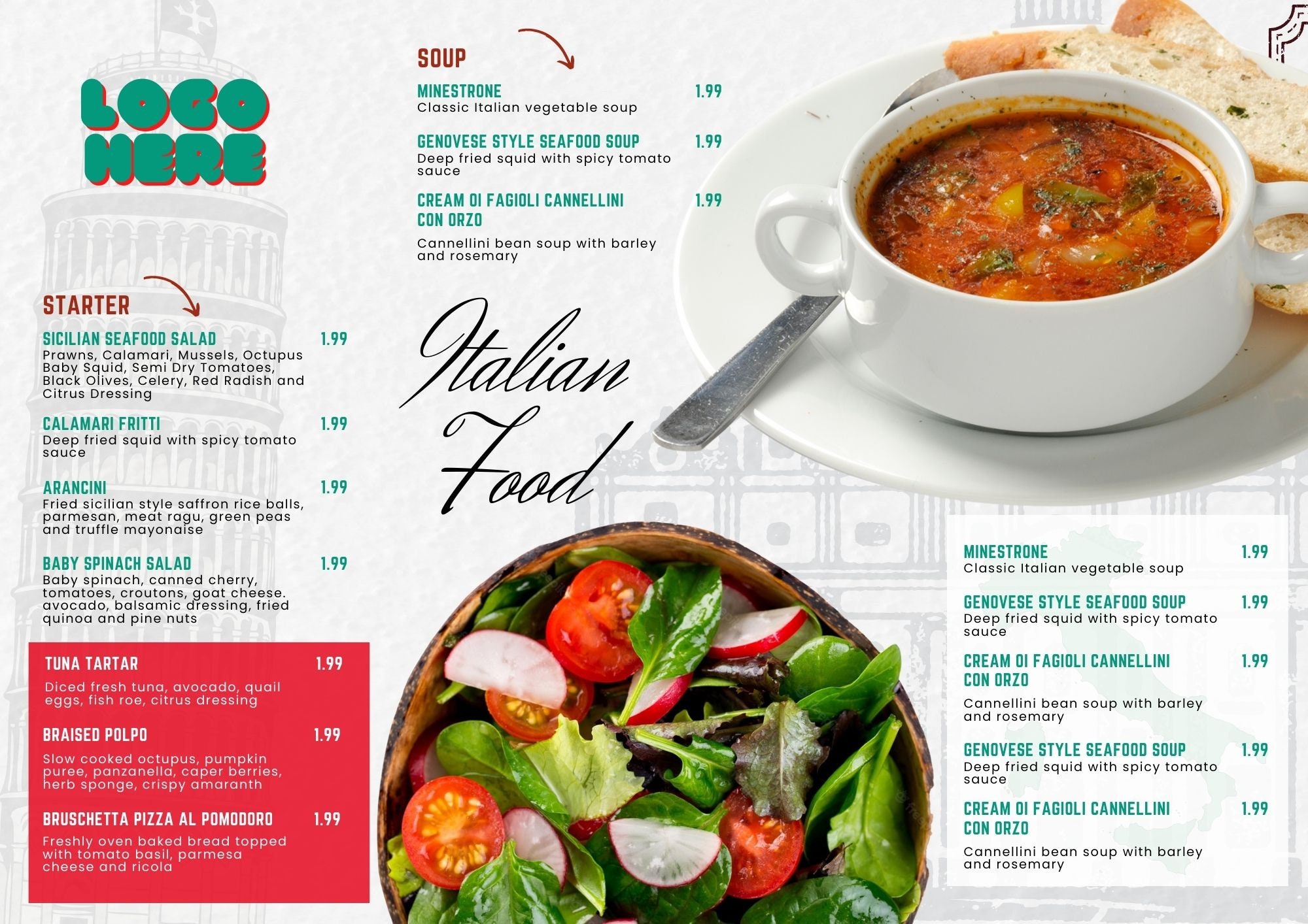 Italian Food Menu Editable Canva for Restaurant Italy Pizza, Pasta and ...