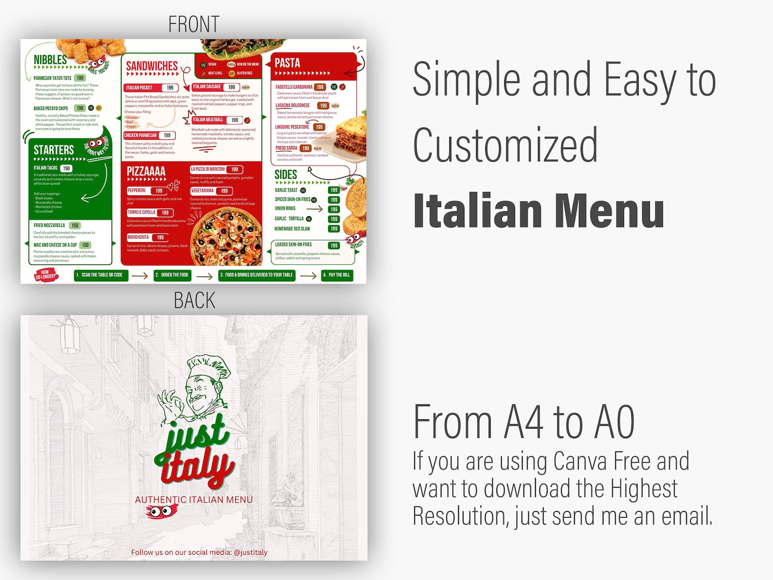 Italian Food Menu Editable Canva for Restaurant Italy Pizza, Pasta and ...