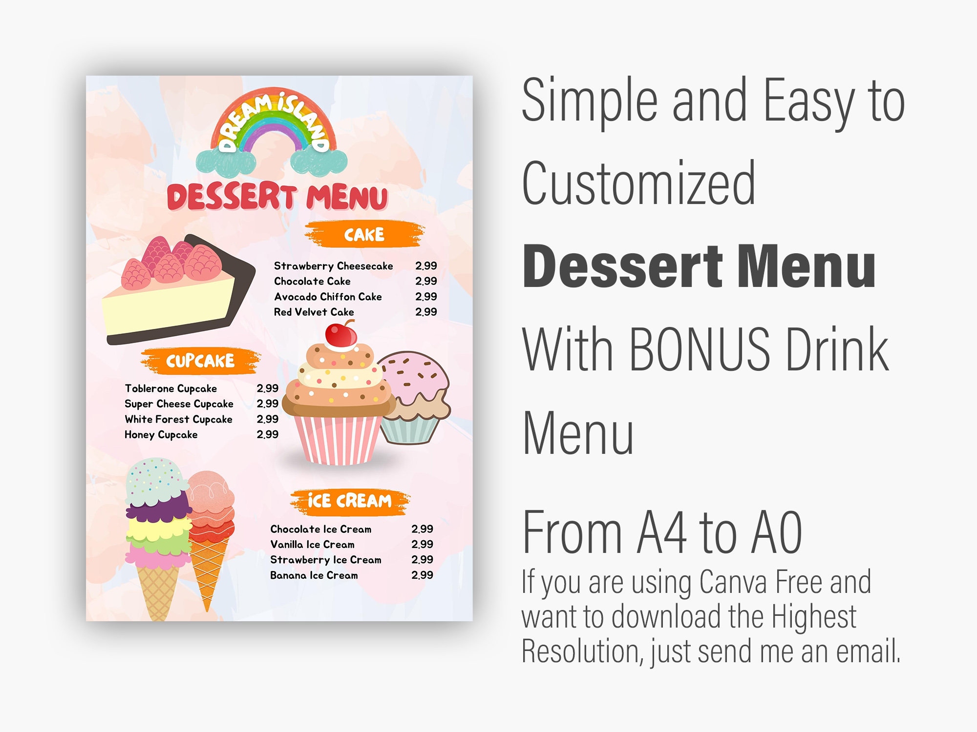 Dessert Menu Template Canva, the Dessert Sign, A4, A5, A3, A0 Portrait ...