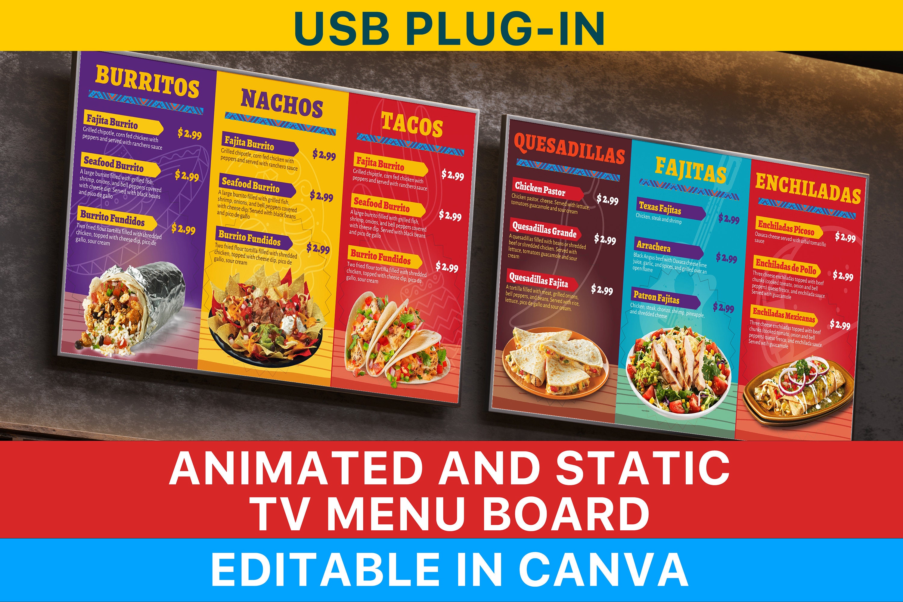 Mexican Menu Bundle Printable A4 A3 Restaurant Menu + Digital TV Menu ...