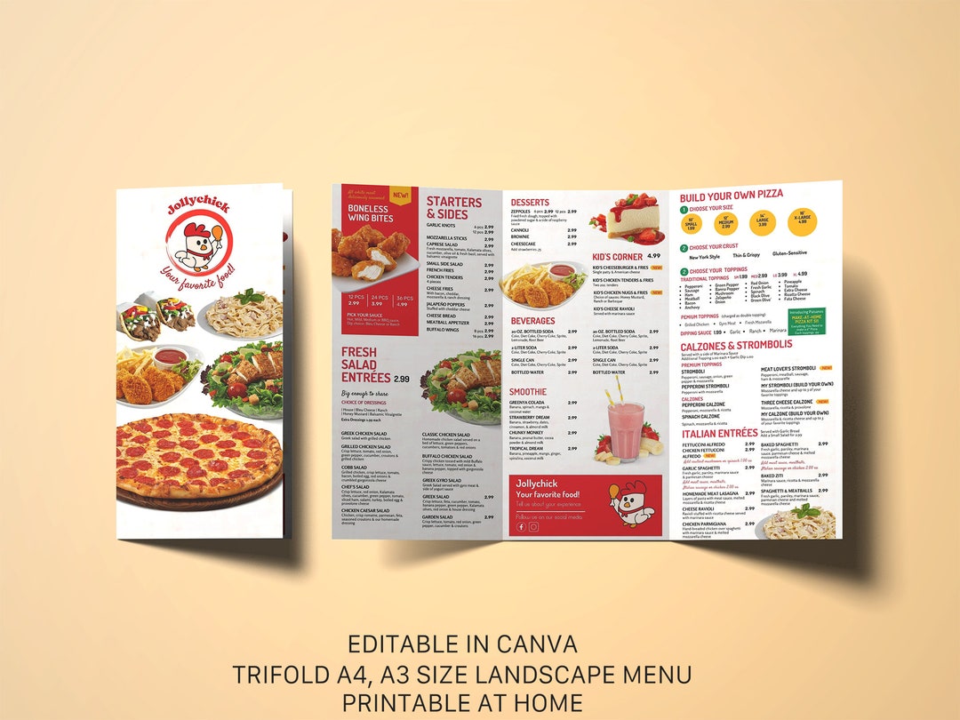 Editable Trifold Food Menu Template for Canva Vibrant and Delicious for ...