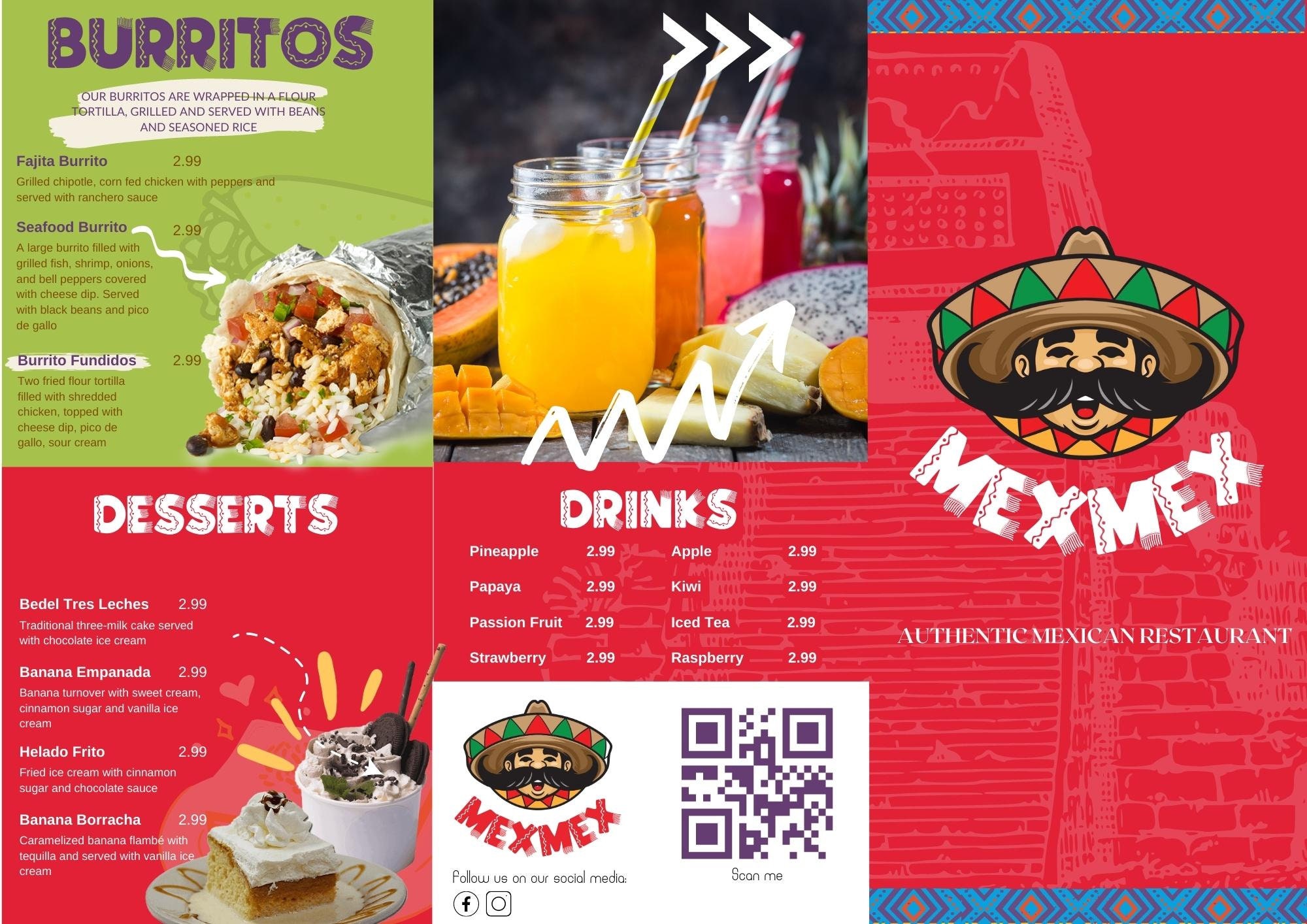 Editable Mexican Food Tri Fold Menu Template for Canva, Vibrant and ...