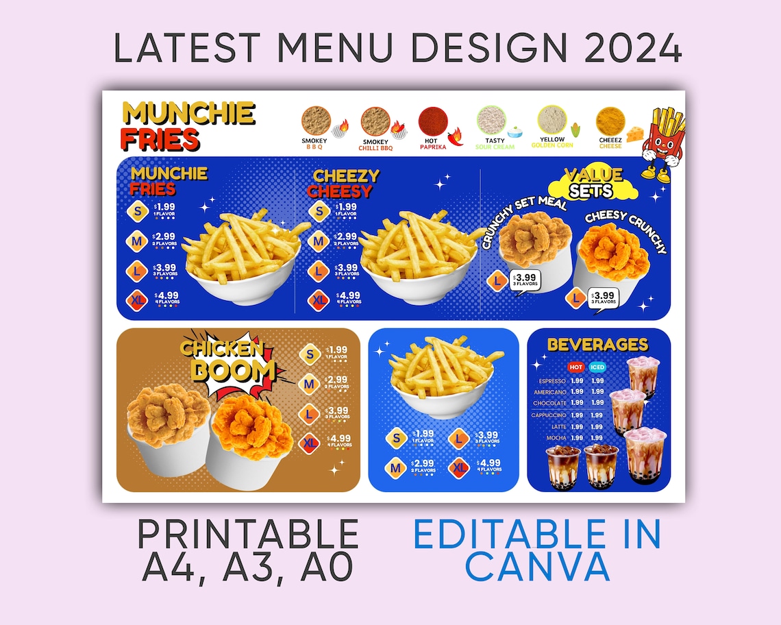 Editable Chicken and Fries Food Menu Template for Canva, Vibrant and ...