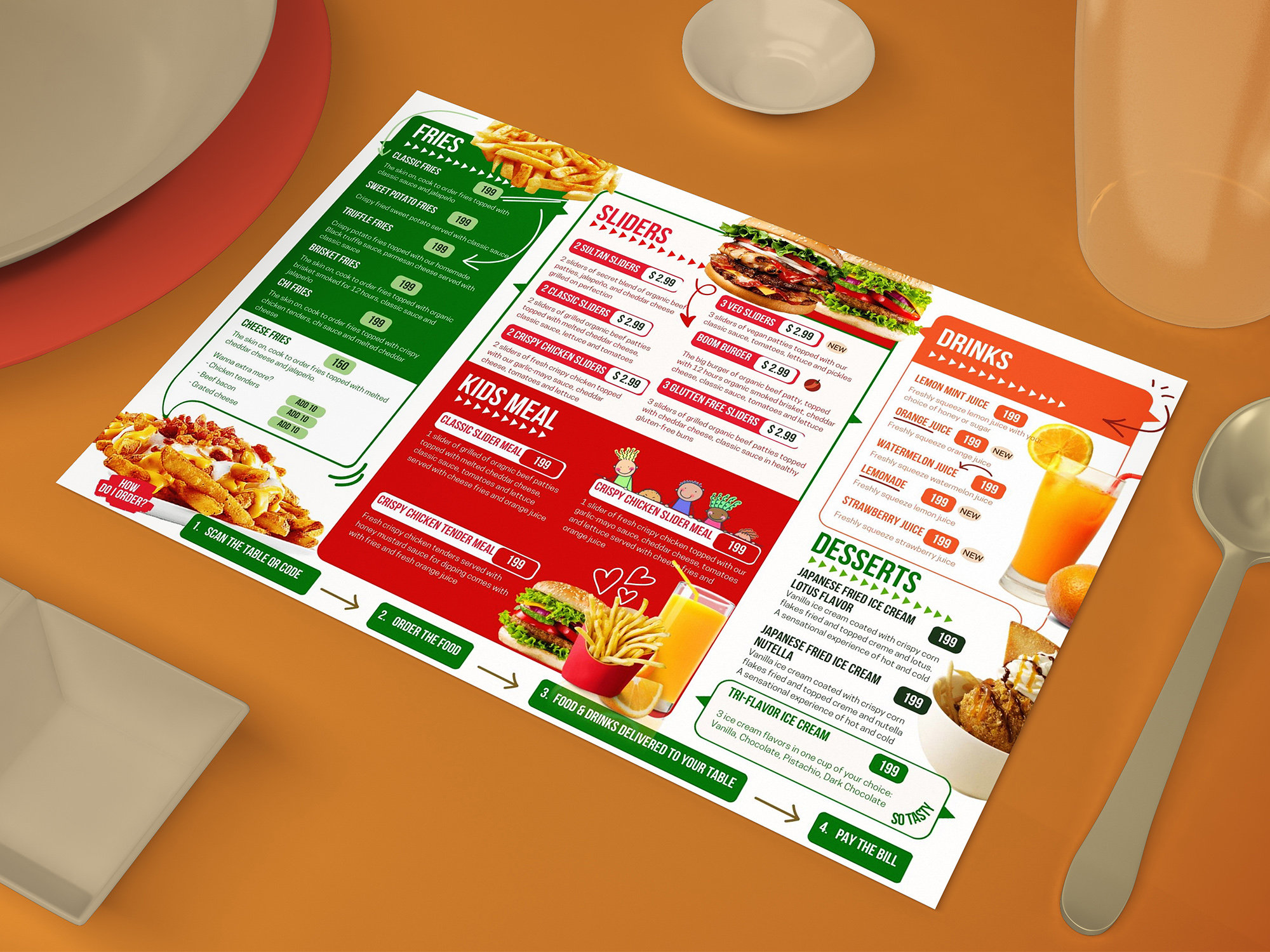 Burger and Fries Food Menu Editable Canva for Restaurant Desserts, Food ...