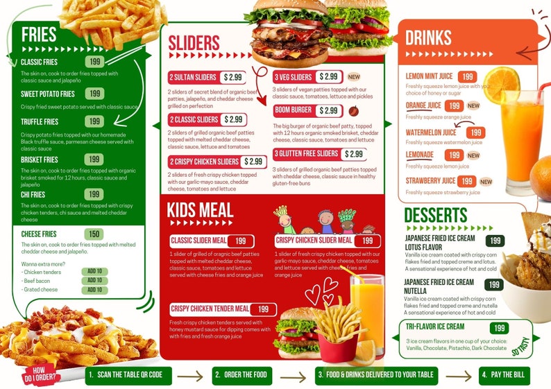 Burger and Fries Food Menu Editable Canva for Restaurant Desserts, Food ...