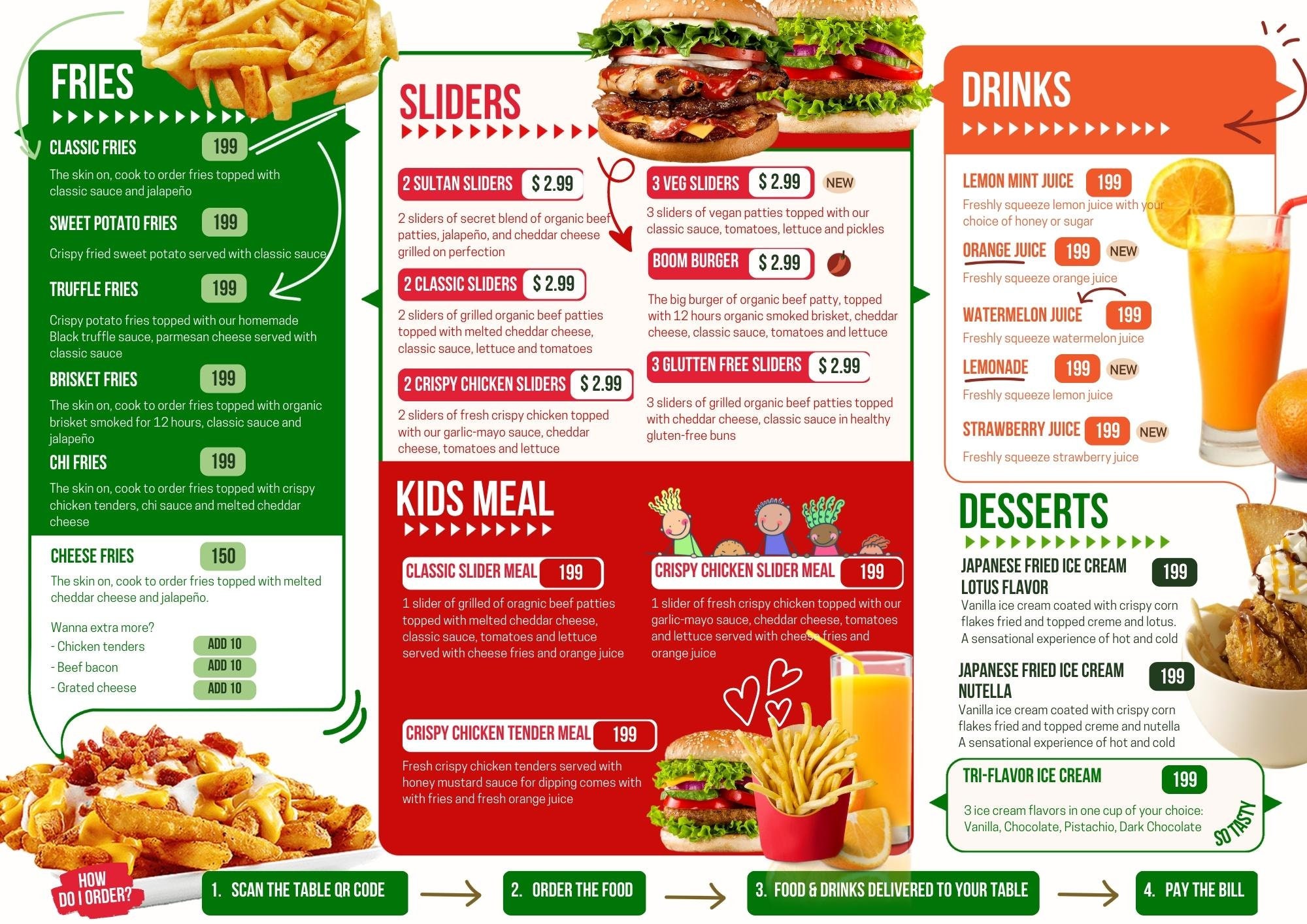 Burger and Fries Food Menu Editable Canva for Restaurant Desserts, Food ...