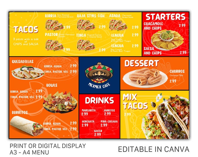 Editable Mexican Food Menu Template for Canva, Vibrant and Delicious ...
